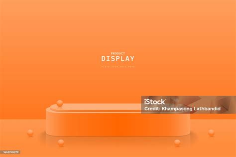 둥근 연단이 있는 깨끗한 주황색 3d 방 또는 제품 전시 및 구체 공을 위한 스탠드 제품 전시 또는 모형을 위한 연단 장면 쇼케이스를 위한 무대 3d 벡터 렌더링 광고