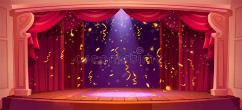 Theater Stage With Red Curtain Light And Confetti Stock Vector Illustration Of Stage Theatre