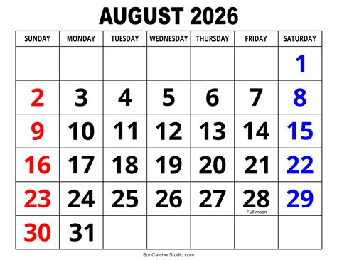 Free Printable Calendar 2026 August Free Printable Templates