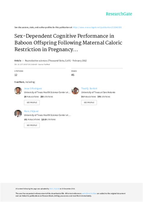 Pdf Sex Dependent Cognitive Performance In Baboon Offspring Following Maternal Caloric