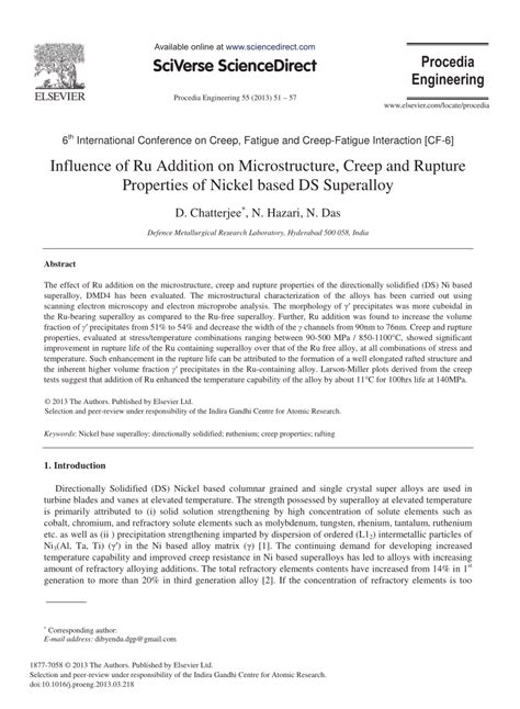 Pdf Influence Of Ru Addition On Microstructure Creep And Rupture Properties Of Nickel Based