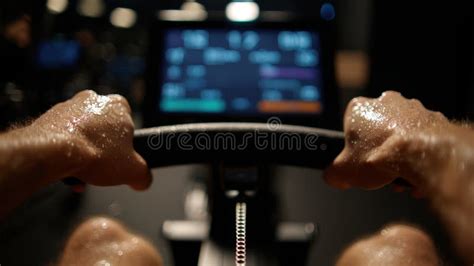 First Person View Of Hands On Rowing Machine With Display And Sweat Drops Stock Image Image Of