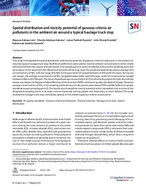 Pdf Spatial Distribution And Toxicity Potential Of Gaseous Criteria Air Pollutants In The