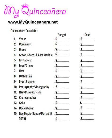 Printable Quinceanera Checklist