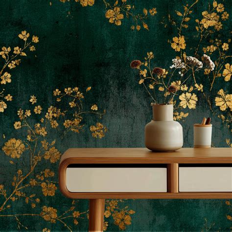 Gold Floral Wallpaper Dark Green Botanical Wall Mural Etsy