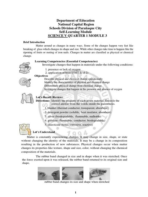 Science 5 Quarter 1 Module 3 Week 3 Pdf Combustion Chemical Substances
