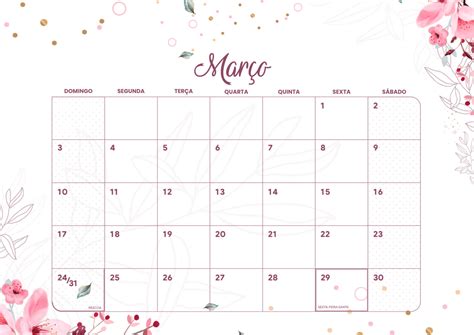 Calendário Mensal 2024 Floral Marco Fazendo A Nossa Festa