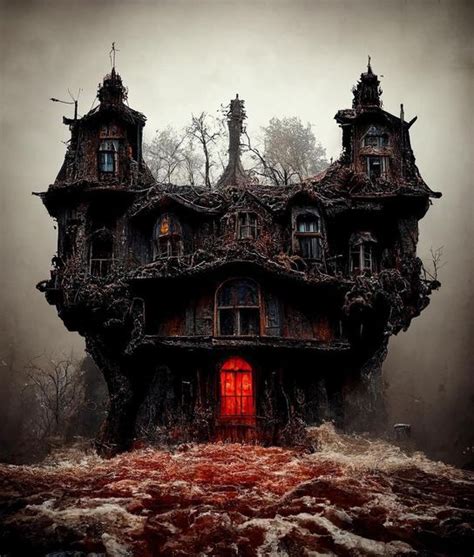 Gothic House In Flooded Area With Red Doors And Windows Gothic Horror