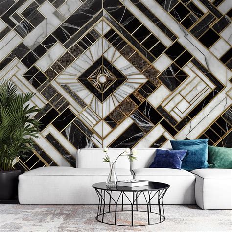 Art Deco Mural Wallpaper Black And White Marble With Gold Accents An