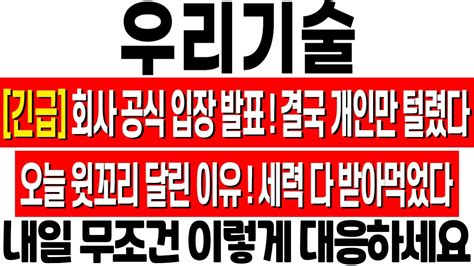 우리기술 주가 전망 사측 공식 입장 발표 결국 개인만 털렸다 오늘 윗꼬리 달린 진짜 이유 우리기술 주가 조작 우리기술 주식 분석 우리기술 목표가 우리기술 원전