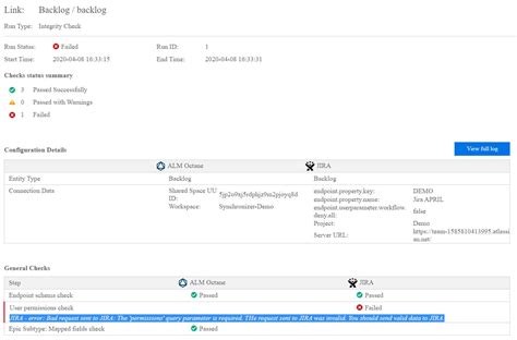 octane synchronizer integrity check bad request sent to jira