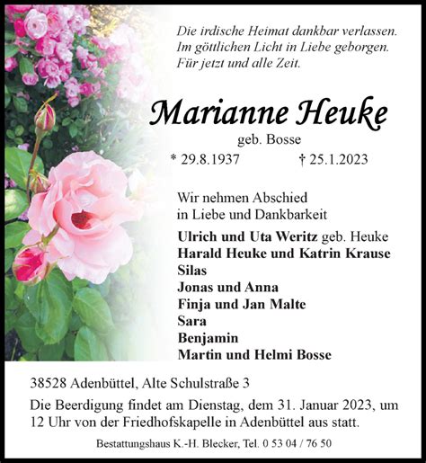 Traueranzeigen Von Marianne Heuke Trauer Anzeigen De