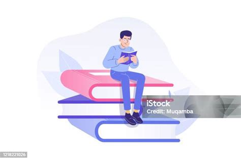 거대한 책에 앉아 책을 읽고 젊은 남자 또는 소년 시험 공부 또는 준비 문학 팬 또는 연인 개념 도서 축제 박람회 또는 학생 교육 벡터 일러스트레이션 개념에 대한 스톡 벡터