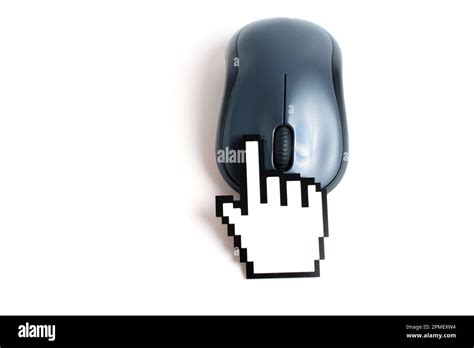 hand shaped cursor figurine clicks a computer mouse button creative