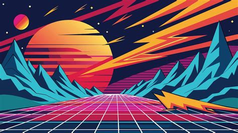 Retro 80s Style Background With Mountains And Sun Vector Illustration