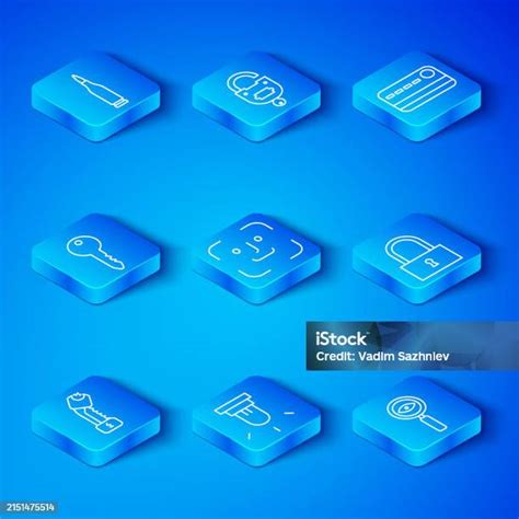 라인 경찰 전기 충격기 얼굴 인식 모션 센서 잠금 신용 카드 키 총알 및 돋보기 검색 아이콘을 설정합니다 벡터 3차원 형태에 대한 스톡 벡터 아트 및 기타 이미지 Istock