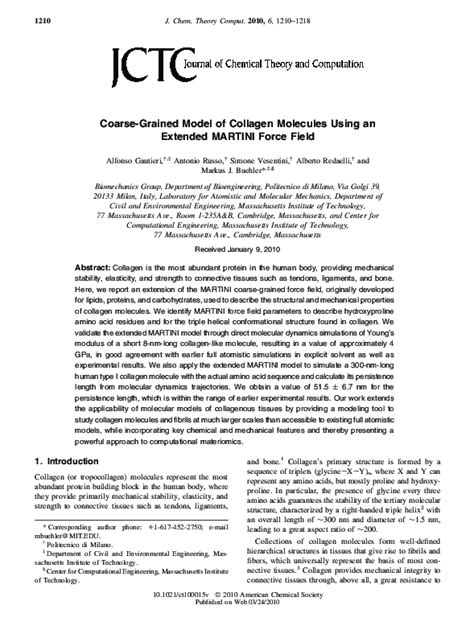 Pdf Coarse Grained Model Of Collagen Molecules Using An Extended Martini Force Field