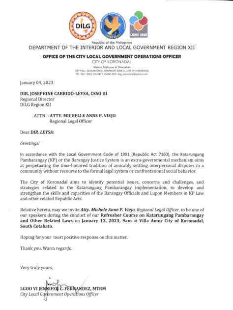 Invitation Re Refresher Course On Kp Law And Other Rlated Republic Acts