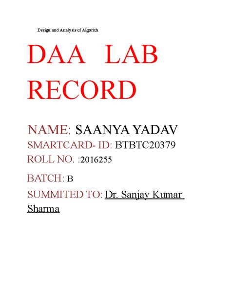 2016 255 Saanya Yadav Lab Record Design And Analysis Of Algorith