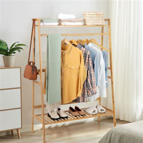 Bamboo Clothing Rack With Storage Shelves Costway