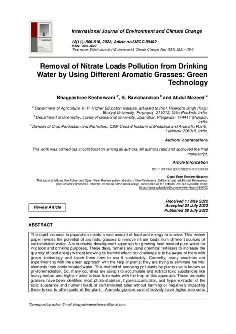 Pdf Removal Of Nitrate Loads Pollution From Drinking Water By Using Different Aromatic Grasses