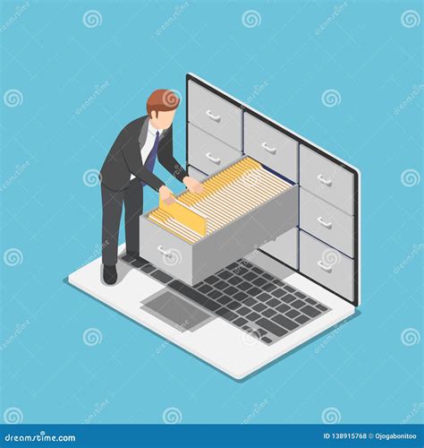 Isometric Businessman Manage Document Folders In Cabinet Inside The Laptop Screen Stock Vector