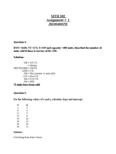 Mth 302 Assignment 1 Slope And Intercept Calculation Pdf Regression Analysis Applied