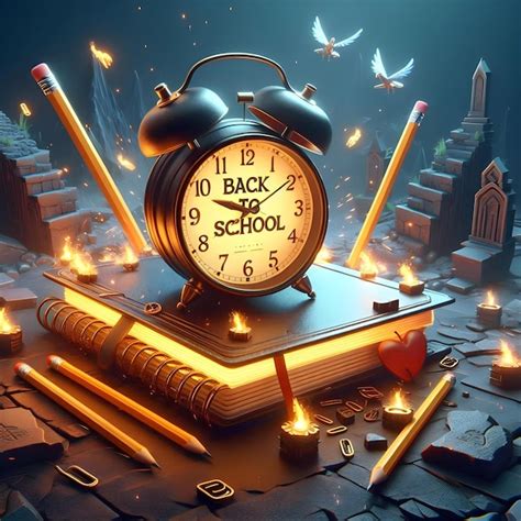 Fantasy Landscape Back To School Animation With Alarm Clock Notebook