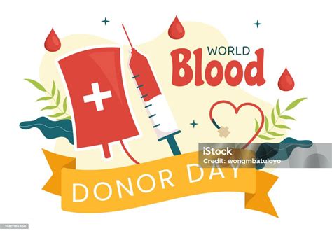 6월 14일 세계 헌혈자의 날 생명을 구하기 위해 받는 사람에게 주기 위해 인간 기증된 혈액이 있는 그림 플랫 만화 손으로 그린 템플릿 6월에 대한 스톡 벡터 아트 및 기타