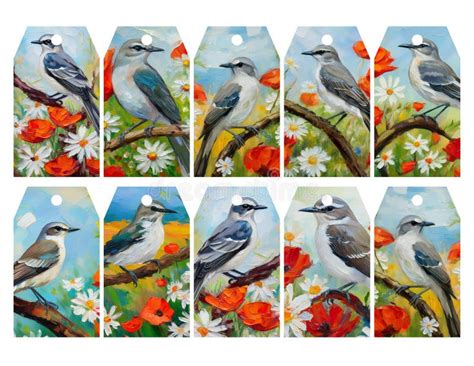 Mocking Bird Sitting On A Tree Branch With Flowers Watercolor T Tags Stock Image Image Of