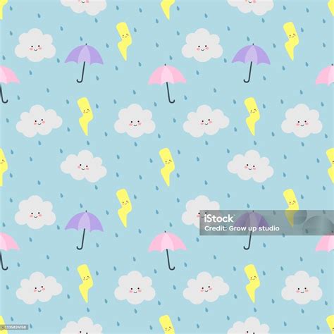 파란색 배경에 화려한 매끄러운 패턴 구름 우산 비와 번개 벡터 일러스트레이션 0명에 대한 스톡 벡터 아트 및 기타 이미지 0명 가을 계절 Istock