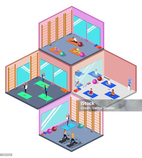 사람들은 스포츠 아이소메트릭 3d 벡터 일러스트 레이 션을 하 고 클래스 요가 필 라 테 스 개념에 대한 스톡 벡터 아트 및