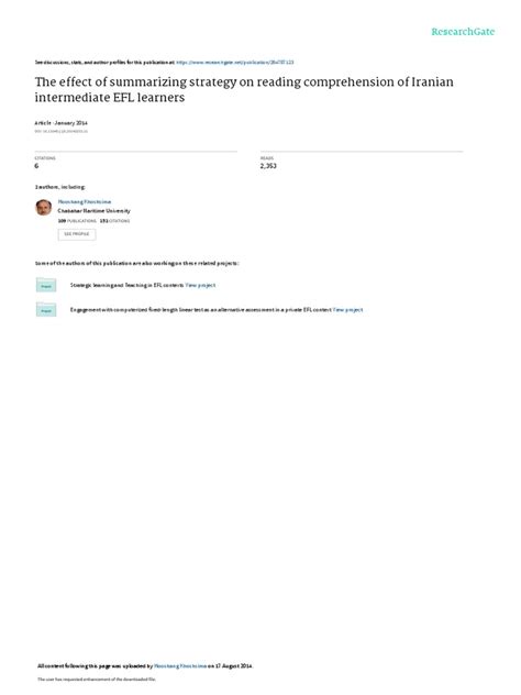 The Effect Of Summarizing Strategy On Reading Comprehension Of Iranian Intermediate Efl Learners