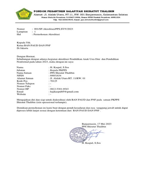 Format Surat Permohonan Pengajuan Akreditasi Paud Pkbm Pdf