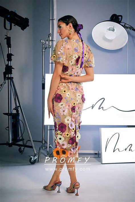 Multi Color Lace V Neck Short Sleeve Midi Cocktail Dress Promfy