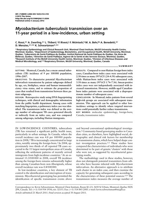 Pdf Mycobacterium Tuberculosis Transmission Over An 11 Year Period In A Low Incidence Urban