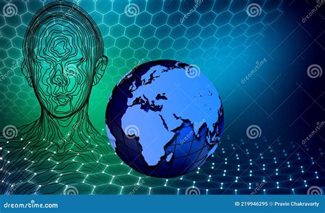 Brain Waves Abstract Global Technology Hand Is Touching Virtual Sprocket Stock Vector