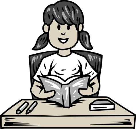 Happy Girl Reading Book At Desk 67727454 Vector Art At Vecteezy