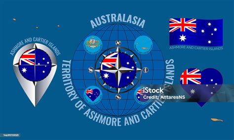 깃발의 삽화 세트 개요지도 애쉬 모어와 까르띠에 제도의 영토의 아이콘 호주 아우터 테리토리 여행 개념입니다 그레이트 오스트레일리아 만에 대한 스톡 벡터 아트 및 기타 이미지