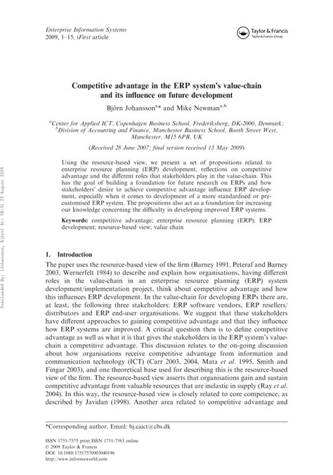 Pdf Competitive Advantage In The Erp Systems Value Chain And Its
