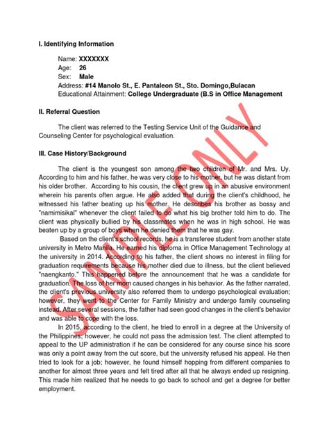 Psychological Test Report Sample Pdf Psychotherapy Paranoia