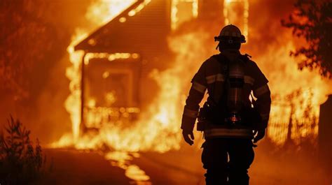 Firefighter In Front Of A Burning House At Dusk Brave Firefighter