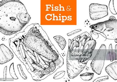 피시 앤 칩스 스케치 벡터 일러스트레이션 영국 술집 음식 손으로 그린 스케치 생선과 칩을 요리 손으로 그린 빈티지 이미지 메뉴 디자인 템플릿입니다 프렌치 프라이에 대한 스톡