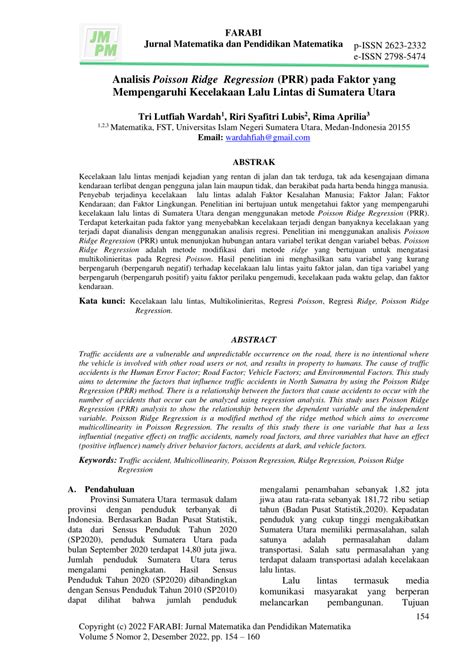 Pdf Analisis Poisson Ridge Regression Pada Faktor Yang Mempengaruhi Kecelakaan Lalu Lintas Di