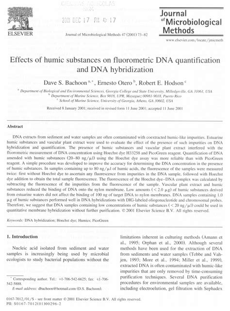 Pdf Effects Of Humic Substances On Fluorometric Dna Quantification And Dna Hybridization