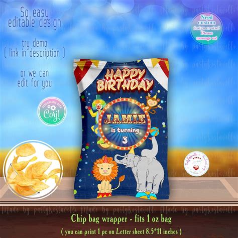 Circus Chip Bag Wrapper Label Carnival Theme Birthday Party Etsy