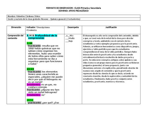 Formato Observacion Class Valentina Cardenas Ochoa Formato De