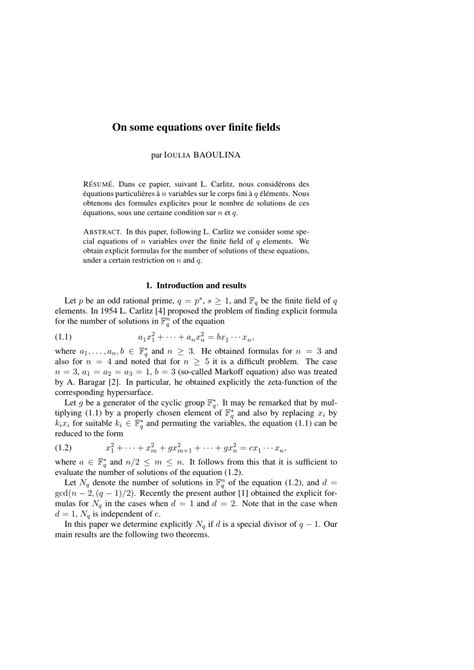 Pdf On Some Equations Over Finite Fields