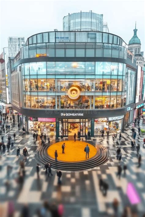 Moderno Centro Comercial Exterior Con Multitud De Personas Grandes Ventanas Y Entrada Circular