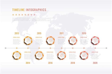 육각 형 요소 연도 표시 및 배경에 세계지도와 현대 기업 역사 시각화 현실적인 3d 비즈니스 데이터 인포 그래픽 벡터 회사